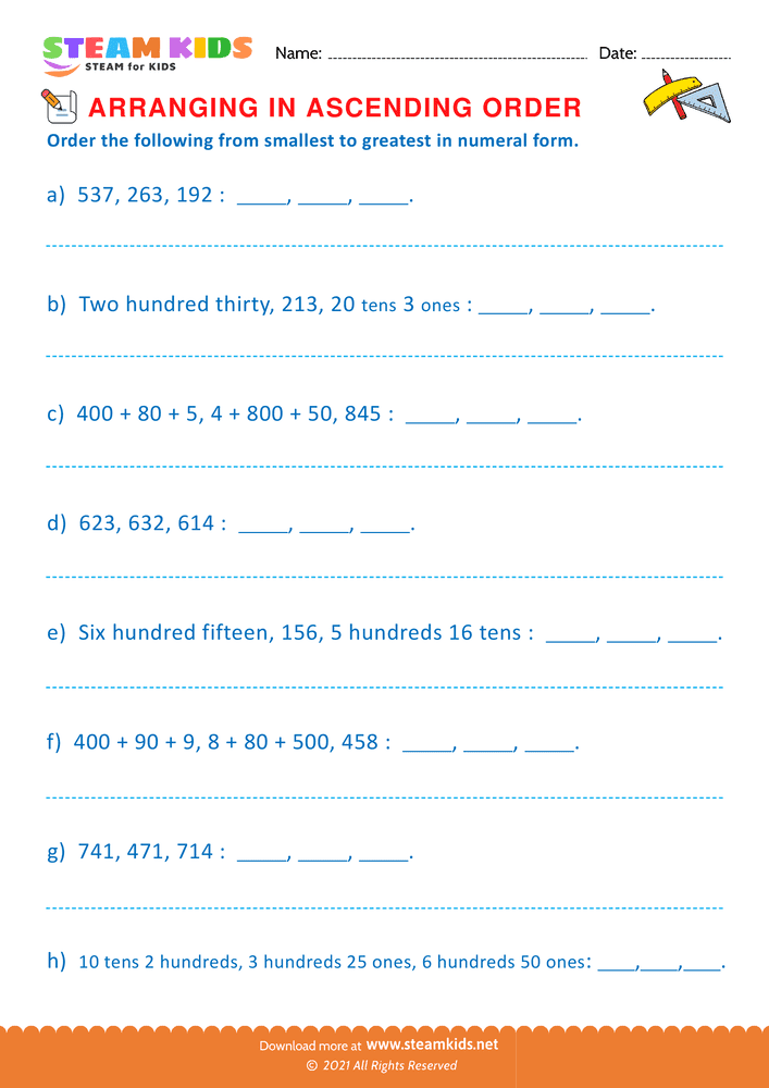 Free Math Worksheet - Formation of Ascending Order - Worksheet 5 ...