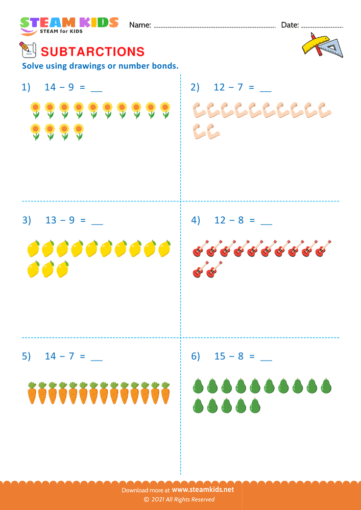 Free Math Worksheet - Subtract using drawings - Worksheet 2 - STEAM KIDS