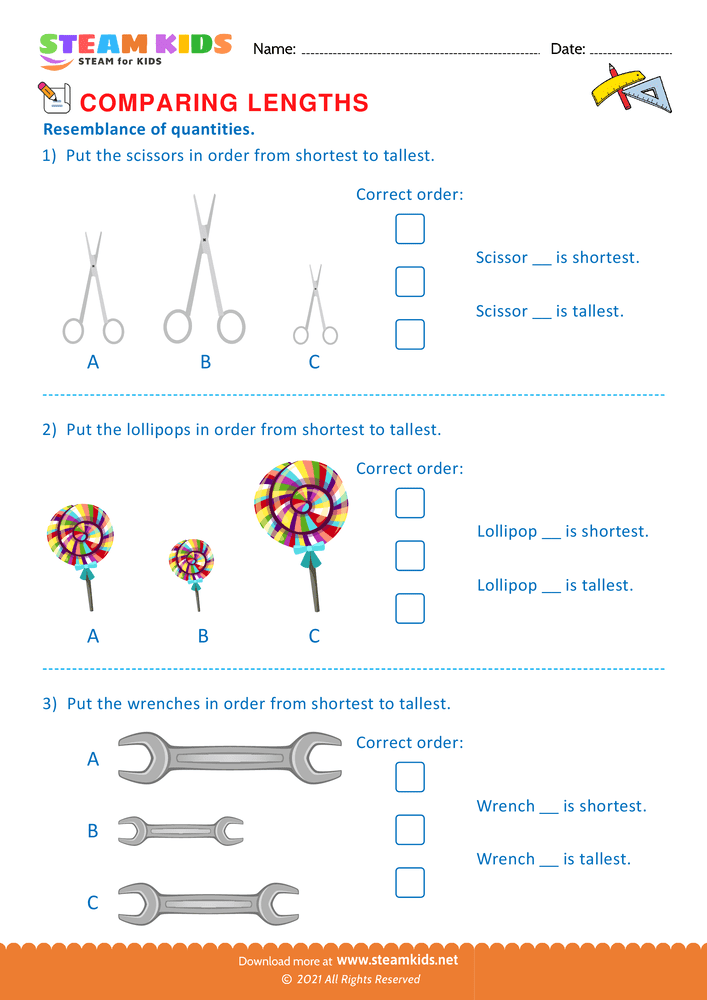 Comparing lengths - Measurements Worksheet For Grade 1 - STEAM KIDS
