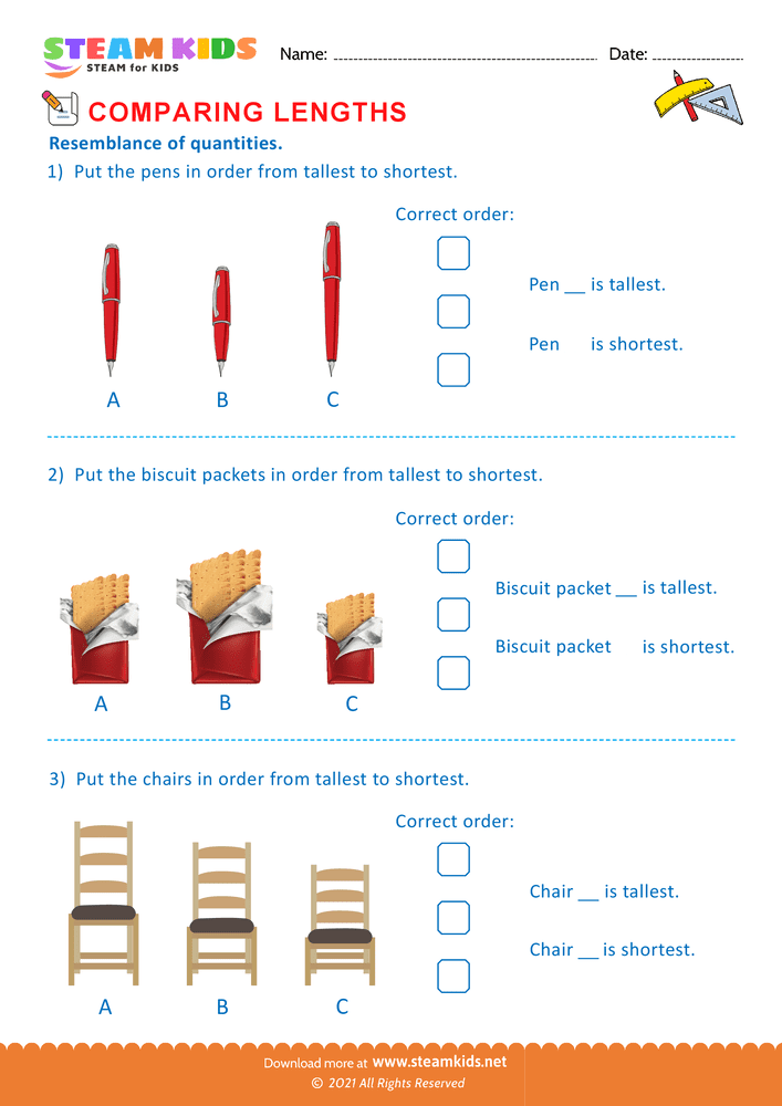 Free Math Worksheet - Tallest to Shortest - Worksheet 4 - STEAM KIDS