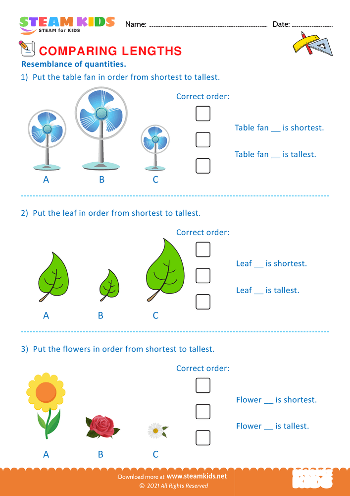 Free Math Worksheet - Crrect order of quantities - Worksheet 3 - STEAM KIDS