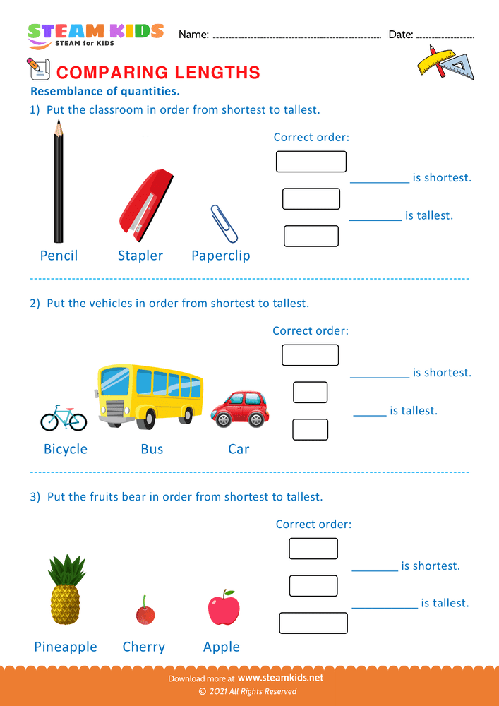 Free Math Worksheet - Crrect order of quantities - Worksheet 6 - STEAM KIDS