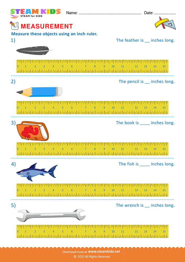 Free Math Worksheet - Measuring with inch ruler - Worksheet 1 - STEAM KIDS