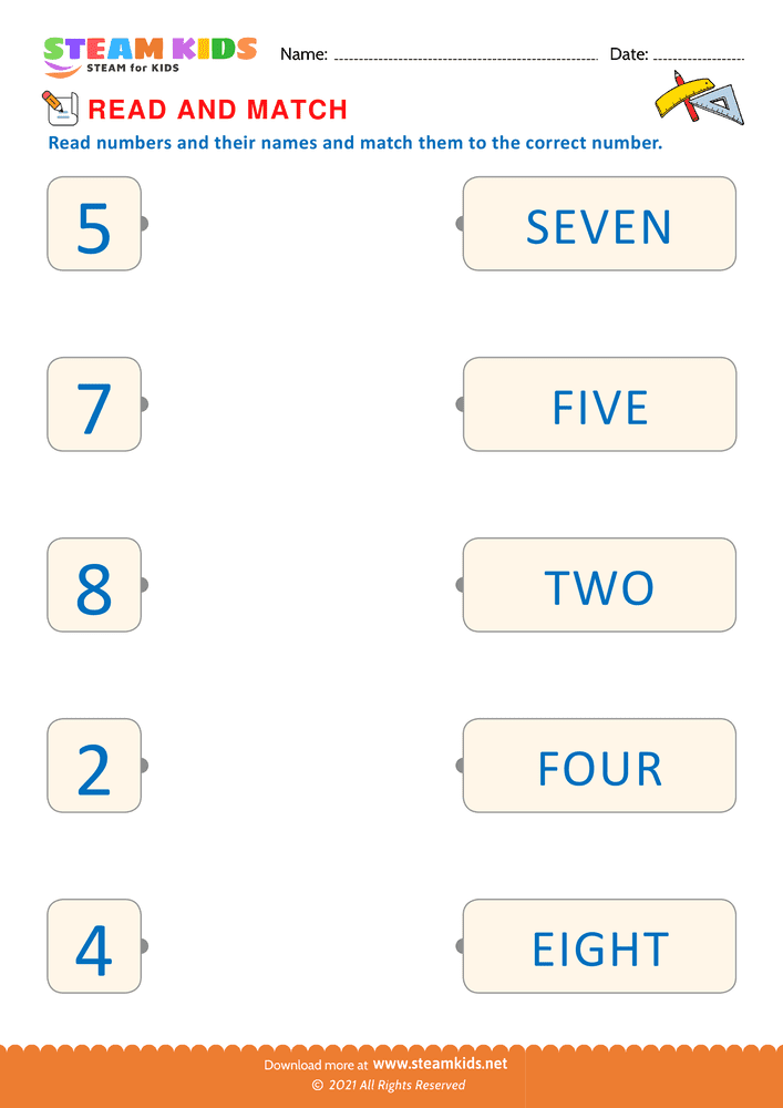 Read and Match Numbers - Numbers Worksheet For Kindergarten - STEAM KIDS