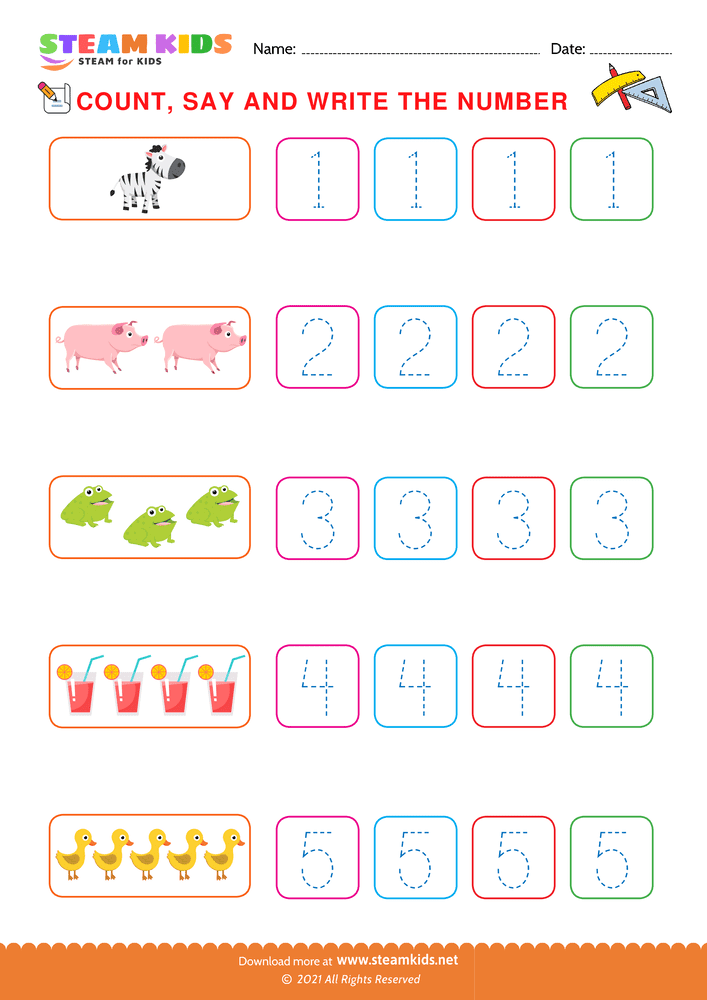 Free Math Worksheet - Write Numbers 1 to 5 - STEAM KIDS