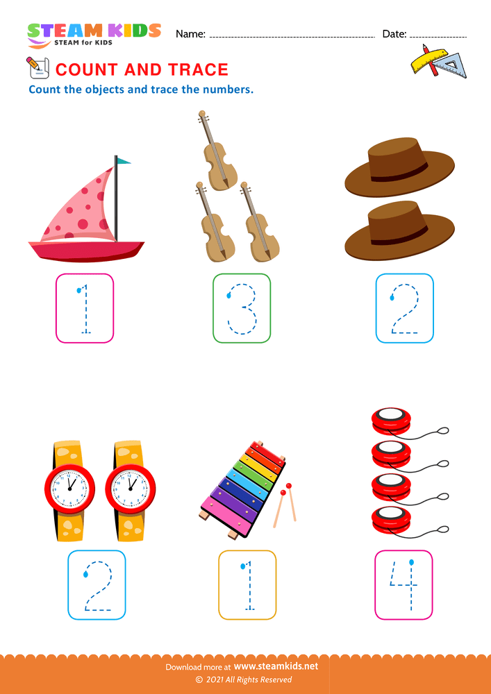 Free Math Worksheet - Count and Trace Numbers - Worksheet 1 - STEAM KIDS