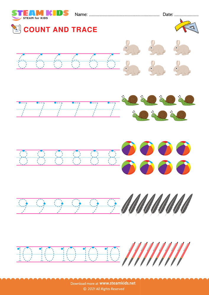 Free Math Worksheet - Count and Trace Numbers - Worksheet 4 - STEAM KIDS