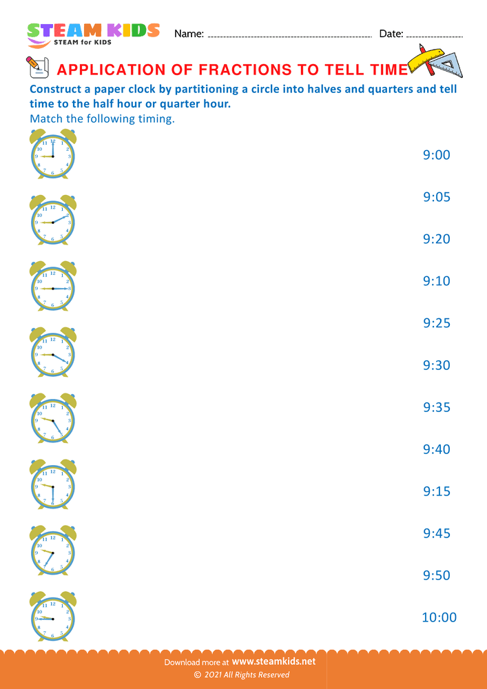 Free Math Worksheet - Telling Time - Worksheet 2 - STEAM KIDS