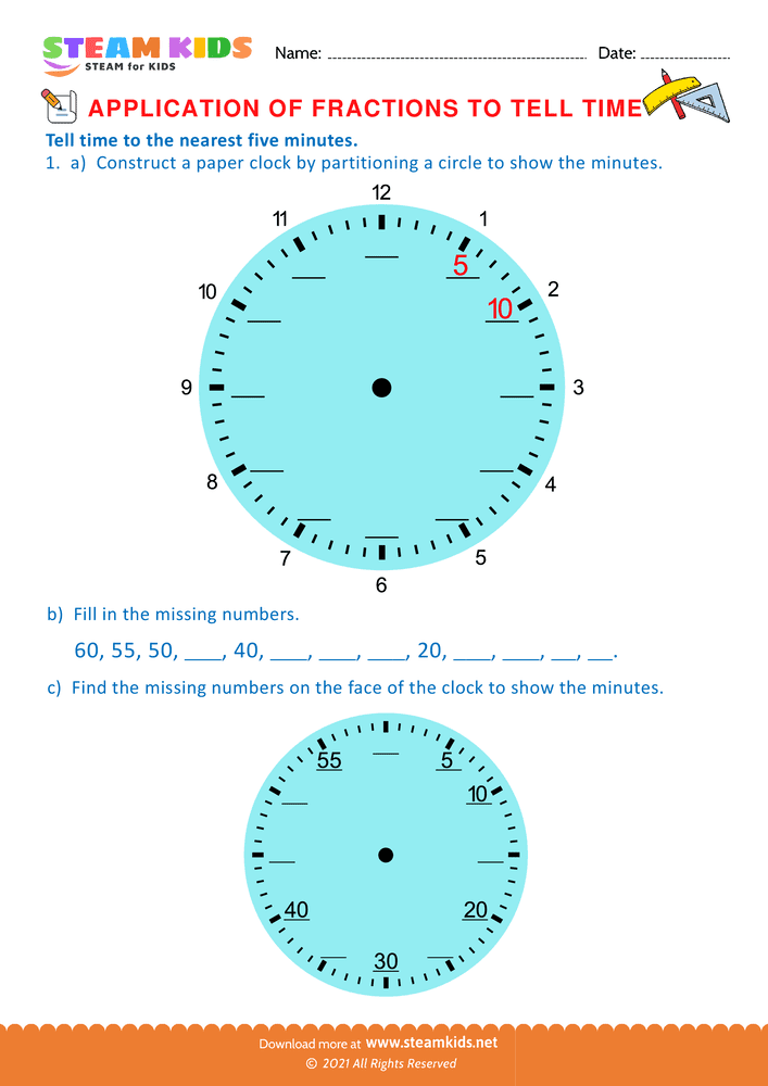 Free Math Worksheet - Telling Time - Worksheet 12 - STEAM KIDS