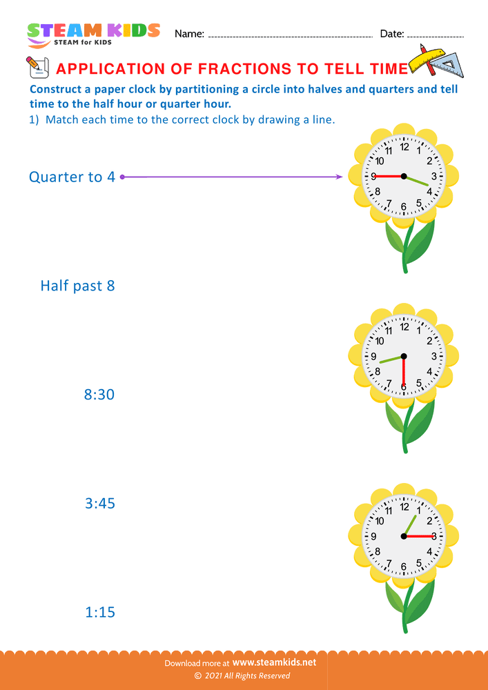 Free Math Worksheet - Telling Time - Worksheet 23 - STEAM KIDS