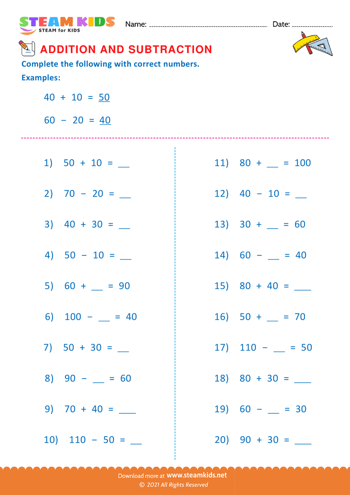 Free Math Worksheet - Addition and subtraction - Worksheet 1 - STEAM KIDS