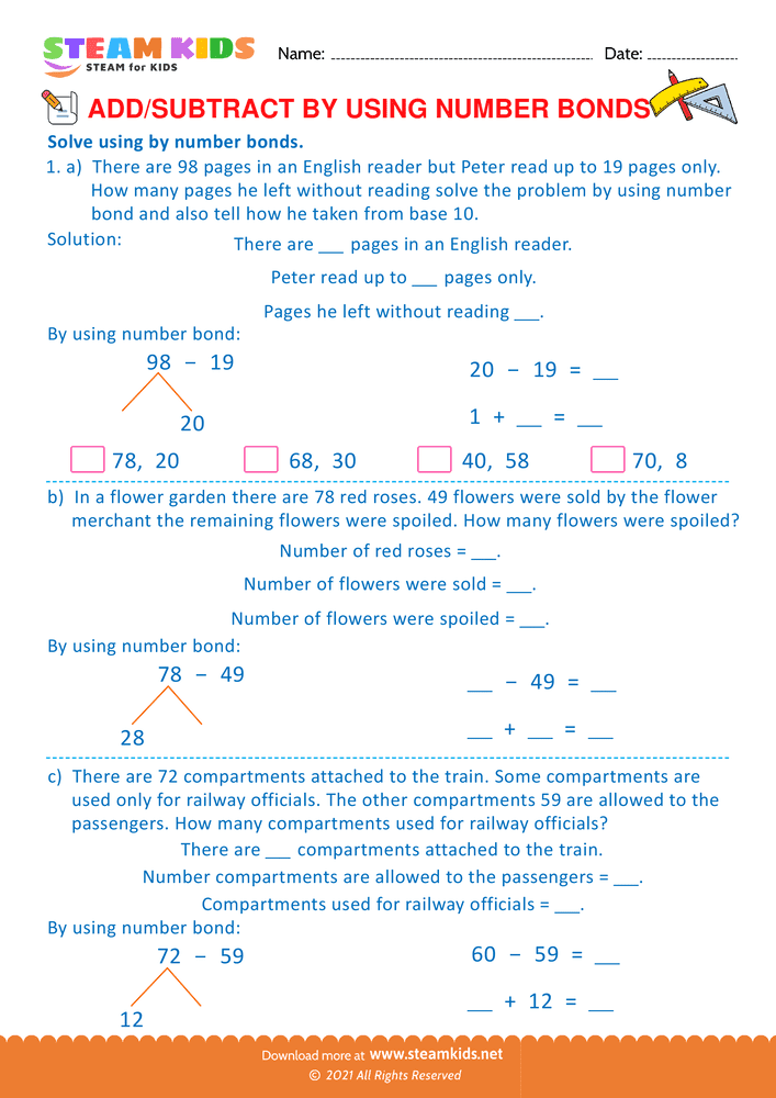 Free Math Worksheet - Add or Subtract by Using Number Bond - Worksheet ...