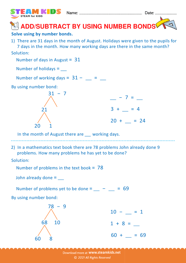 Free Math Worksheet - Add or Subtract by Using Number Bond - Worksheet 10 - STEAM KIDS