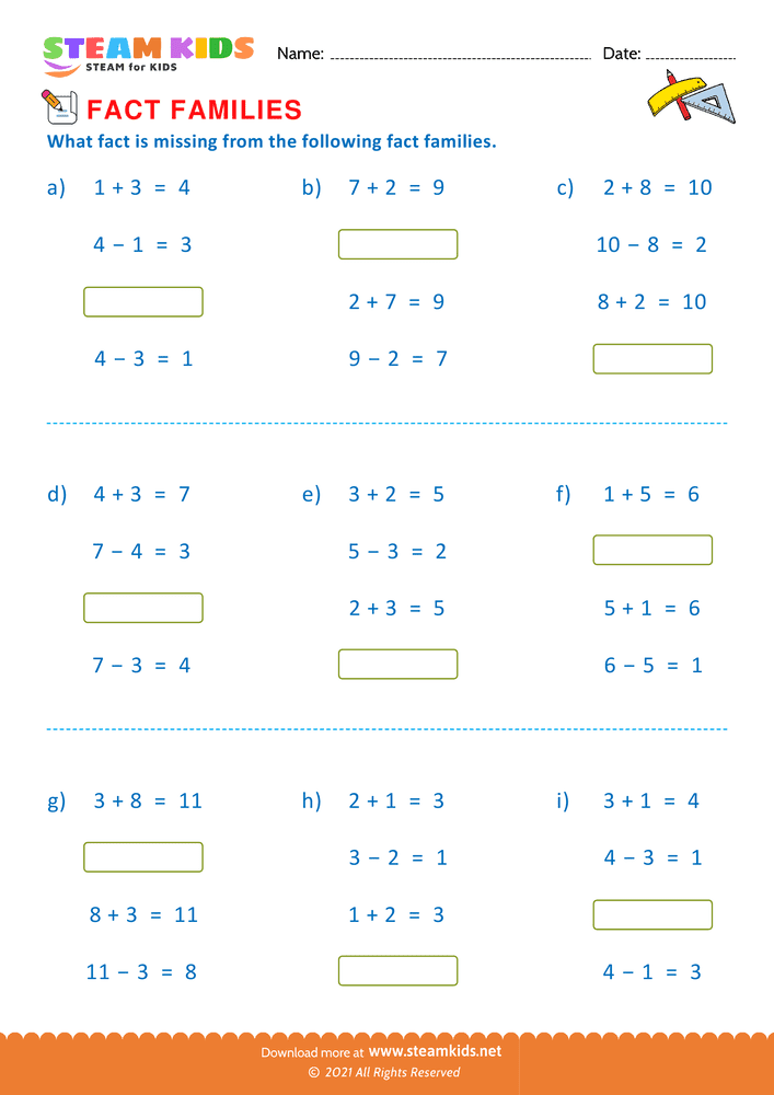 Fact families - Mixed Math Worksheet For Grade 1 - STEAM KIDS