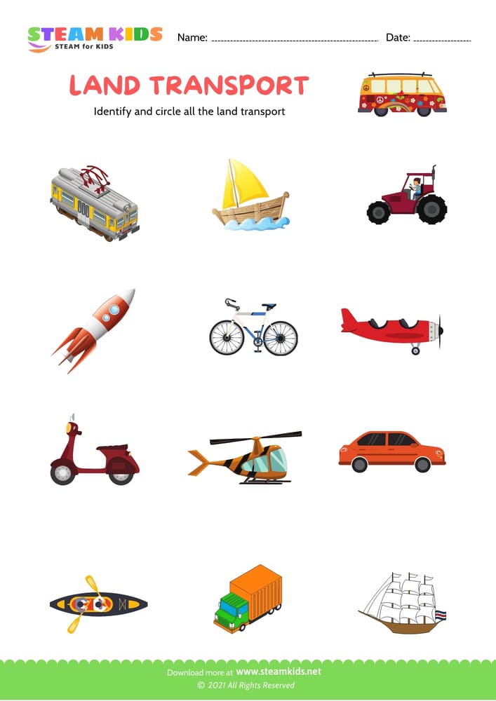 Free Science Worksheet - Identify transports - Worksheet 2 - STEAM KIDS