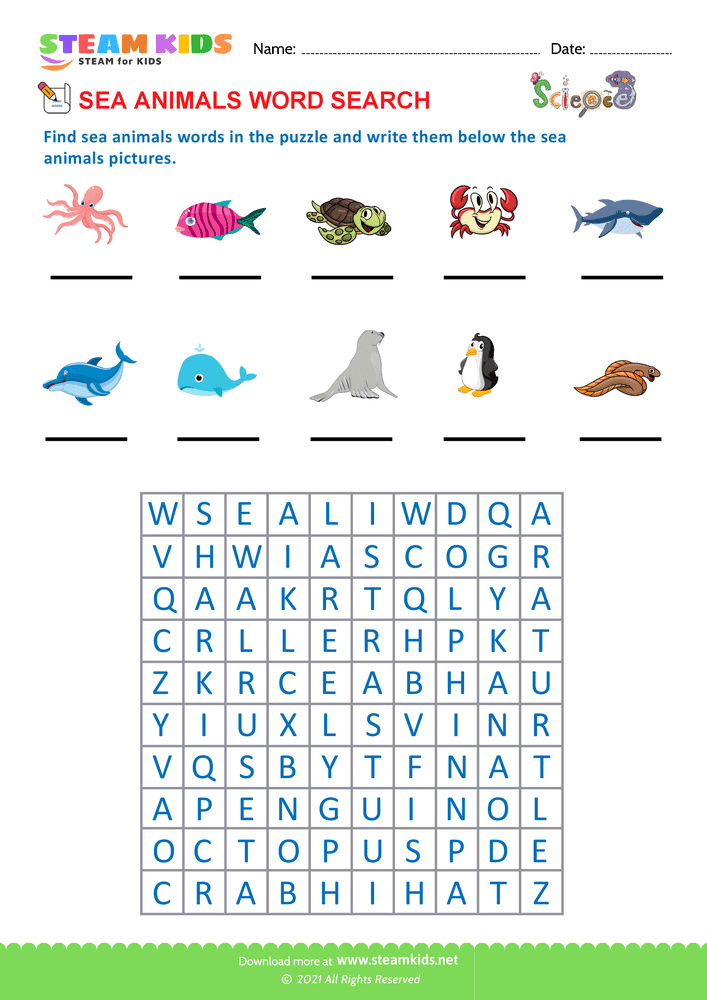 Sea Animals - Science Worksheets For Kindergarten - STEAM KIDS