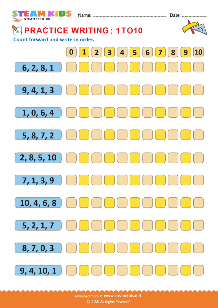 Free Math Worksheet - Practice Writing: 1 to 10 - Worksheet 2 - STEAM KIDS